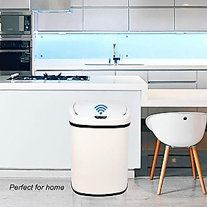 BHP Automatic Garbage can, Touch Free Stainless Steel Trash Can, No Touch Kitchen Waste Bin,High-Capacity Bathroom Trash Can with Lid for Home Bedroom Office, Powered by Battery, White