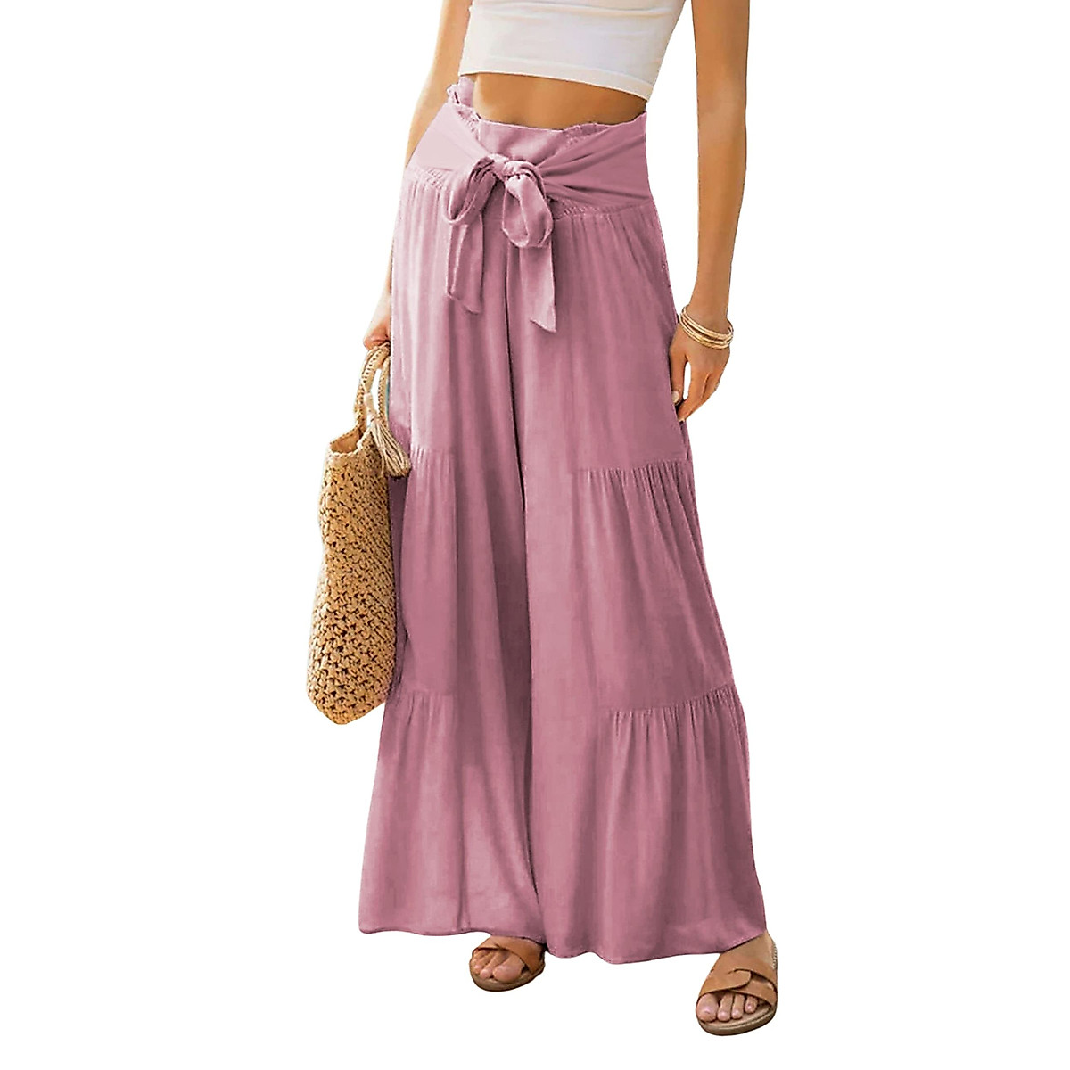 Xiaoxuemeng Women's Tiered Palazzo Pants Flowy Elastic High Waisted Wide Leg Beach Pants (Pink-XL)