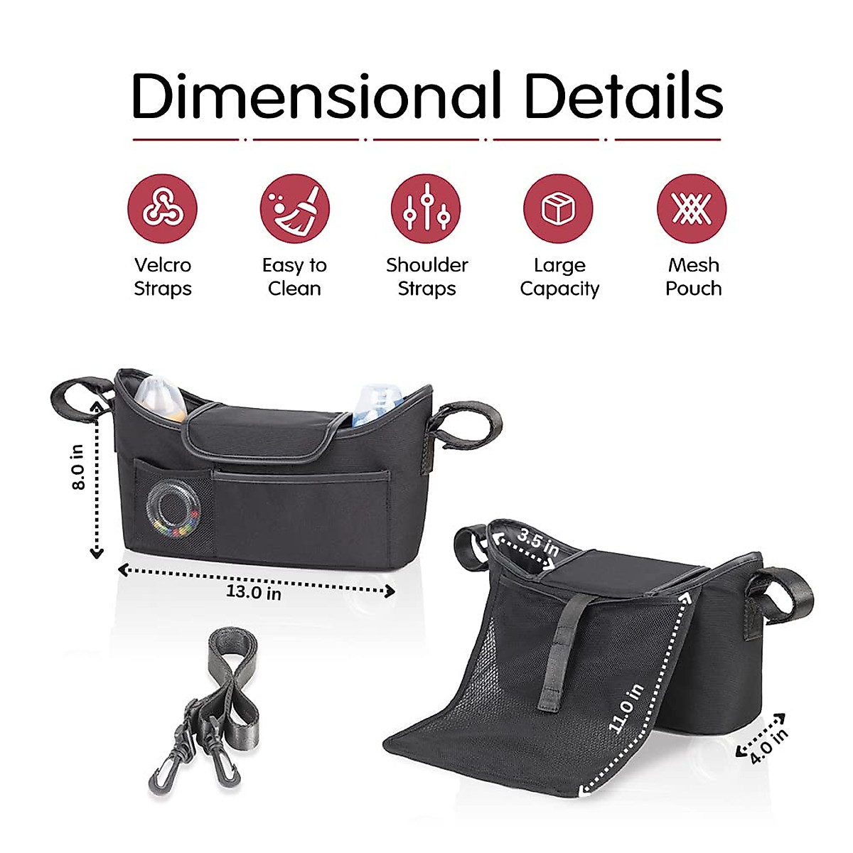 LUFFCABO Multifunctional Stroller Caddy Organizer With Cup Holder And Adjustable Straps, Universal Stroller Attachment With Stroller Cup Holder Supplying Stroller Storage (Large/Carbon Black)