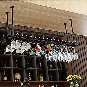 Ceiling Wine Rack, Black Hanging Cup and Glass Goblets Stemware Holder ，Red Wine Bottle Drink Storage Shelf， Bar Restaurant Decorative Display Organizer (Size : 60x30cm)
