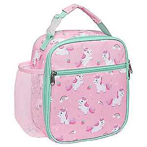 Bagseri Kids Lunch Box, Insulated Lunch Box Bag for Girls, Portable Reusable Toddler Lunch Cooler Bag for School, Water-resistant Lining（Pink, Unicorns）