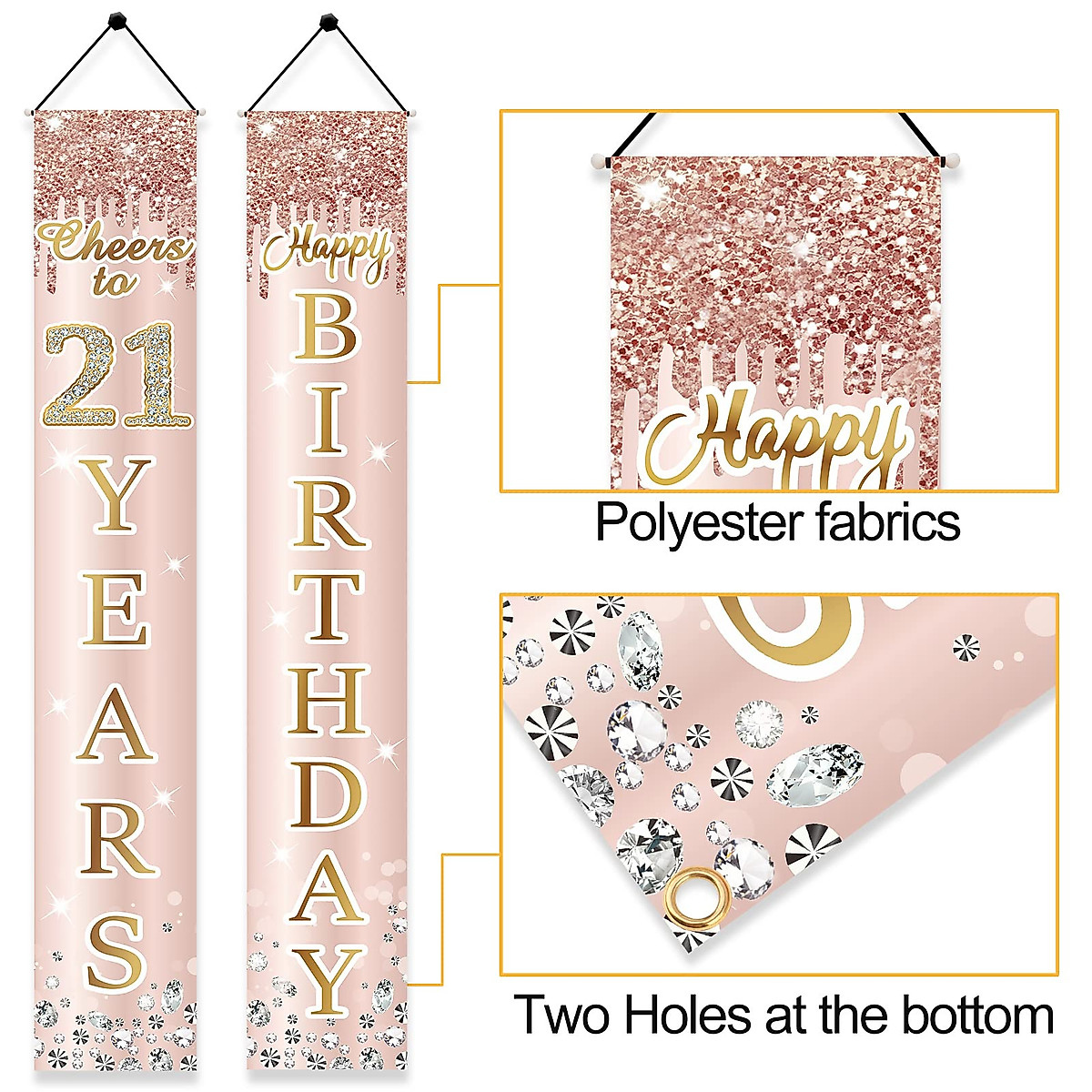 21st Birthday Door Banner Decorations for Her, Pink Rose Gold Happy 21 Birthday Door Porch Backdrop Party Supplies, Happy Birthday Cheers to 21 Years Sign Decor