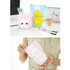 Stand up Pencil Holder Telescopic Pencil Case Transformer Pen Box Cartoon Cute Stationery Pouch Bag Canvas+PU Cosmetics Pouch Stand Store Pen Organizer for Students Boys and Girls (White Sheep)