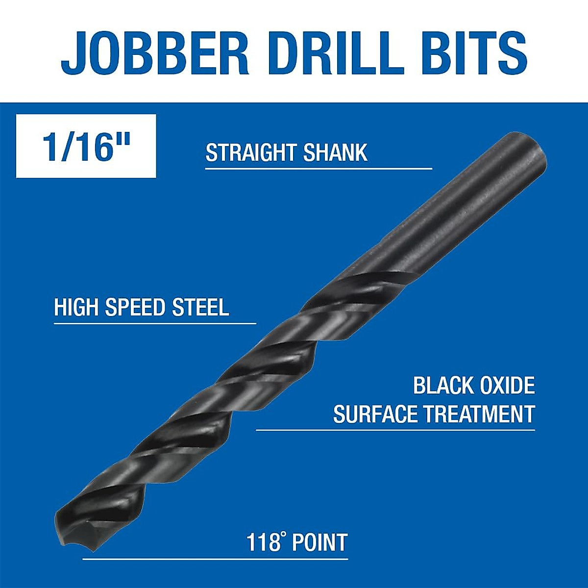 Champion Cutting Tool General Purpose Drill Bits for Metal and Wood (1/16 Inch) - 12 PCS - 118 Degree Point, High Speed Steel Straight Shank Drill Bits with Black Oxide Finish