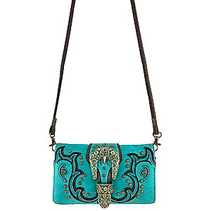 Justin West Patina Girl Western Bronze Floral Buckle Handbag Purse Tote and Strap Wallet (Turquoise Handbag and Wallet)