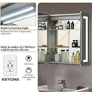 LADEED Lighted Medicine Cabinet with Mirror Outlet,30 X 26 Inch,Recessed Or Surface-Mounted Led Medicine Cabinet Mirror for Bathroom Storage,Interior Light, Double Door,Defog,Stepless Dimming