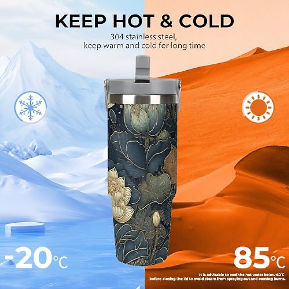 YTLKGFP 30 Oz Large Capacity Car Cup Intricate Flowers Tumbler with Handle Straw Lid Insulated Stainless Steel Water Bottle Travel Mug Leak-proof Car Cup Keeps Cold Or Hot