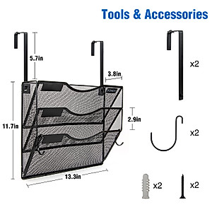 BOHDK Wall File Organizer, 3 Tire Hanging File Folder Organizer, Vertical Mesh Metal Door/Wall Mount Hanging File Holder. Paper Document Magazine Rack with Hooks for Home Office Black