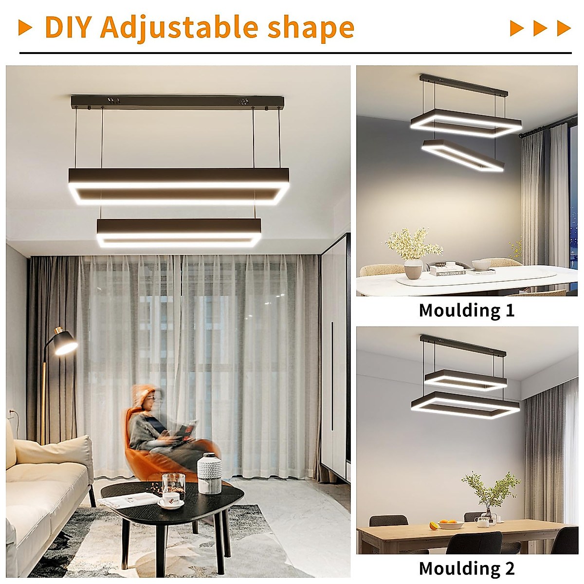 Modern Chandeliers for Living Room, 2-Ring Rectangles Pendant Light Kitchen Island Fixtures, Dimmable LED Chandelier for Dining Room Bedrooms, Black (40CM/60CM)