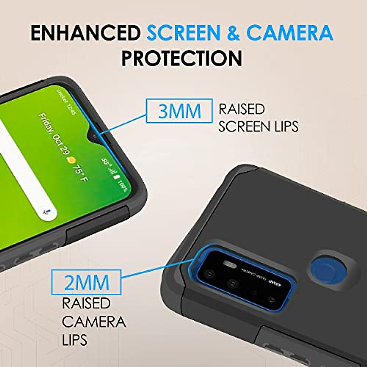 TJS Compatible with AT&T Radiant Max 5G 6.8"/Cricket Dream 5G/Cricket Innovate 5G/AT&T Fusion 5G Case, with Tempered Glass Screen Protector, Dual Layer Hybrid Shockproof Impact Phone Case (Black)