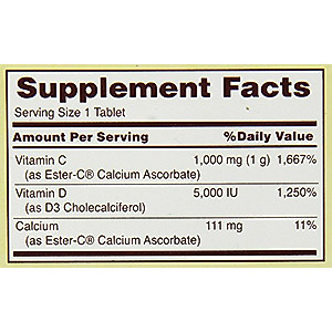 American Health EsterC with D3 Bone Immune Complex Vegetarian Tablets 24Hour Immune Support 1000 mg EsterC 5000 IU Vitamin D3 NonAcidic Vitamin C Servings, 60 Count