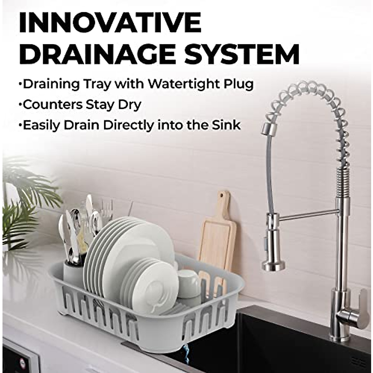 Mueller Dish Rack For Kitchen Counter, European Made Dish Drying Rack with Utensil Holder, 15" x 11" x 4" Utensil Rack, Dish Racks for Kitchen Countertop, Sink, Gray