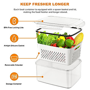 YIENOGO Salad Dressing Containers and Fruit Vegetable Storage Containers for Fridge with Colander and Lid Refrigerator Storage Containers Bins Organizer for Fruit Food Produce, White, YI-01F09