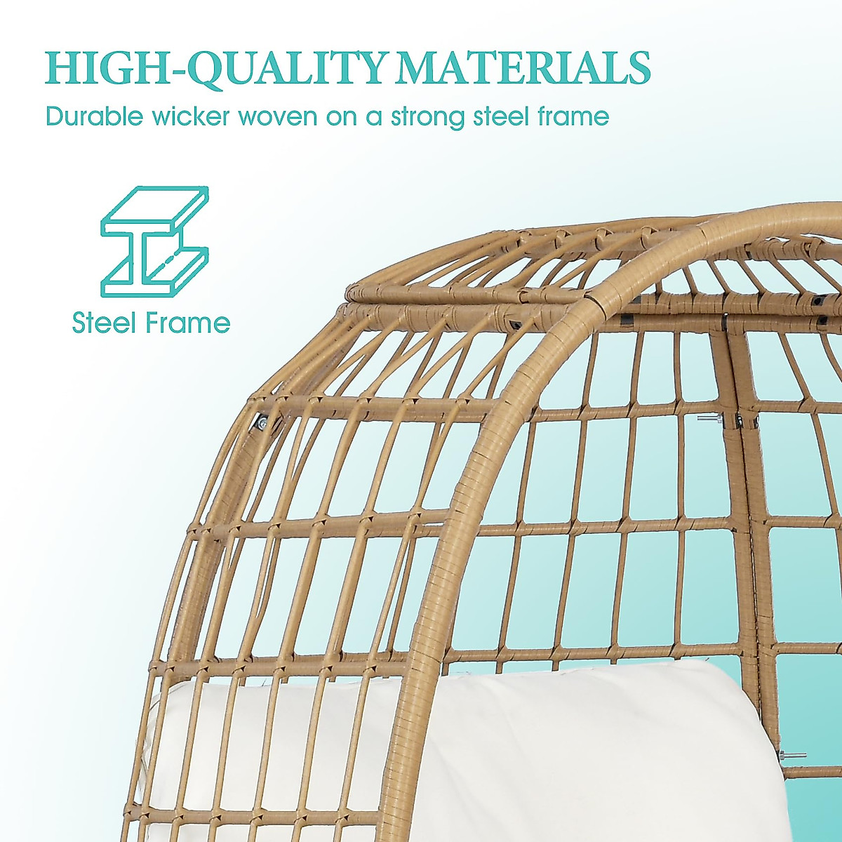 HLNPTN Patio Egg Chair Wicker Outdoor Egg Basket Chairs, Oversized Outdoor Furniture PE Rattan Patio Lounge Chair 440lb Capacity Sofa Seat with Stand & Beige Cushions for Indoor, Living Room, Backyard