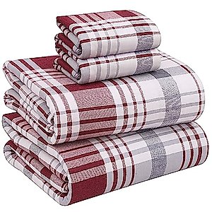 RUVANTI Flannel Sheets Full Size - 100% Cotton Brushed Bed Sheet Sets - Deep Pockets 16 Inches (fits up to 18") - All Seasons Breathable & Super Soft - Warm & Cozy - 4 Pcs - Balance Plaid Maroon