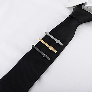 Dannyshi Tie Clips for Men, Black Gold Silver 2.1inch Initial Alphabet Letter Tie Clip Bar Set (B)