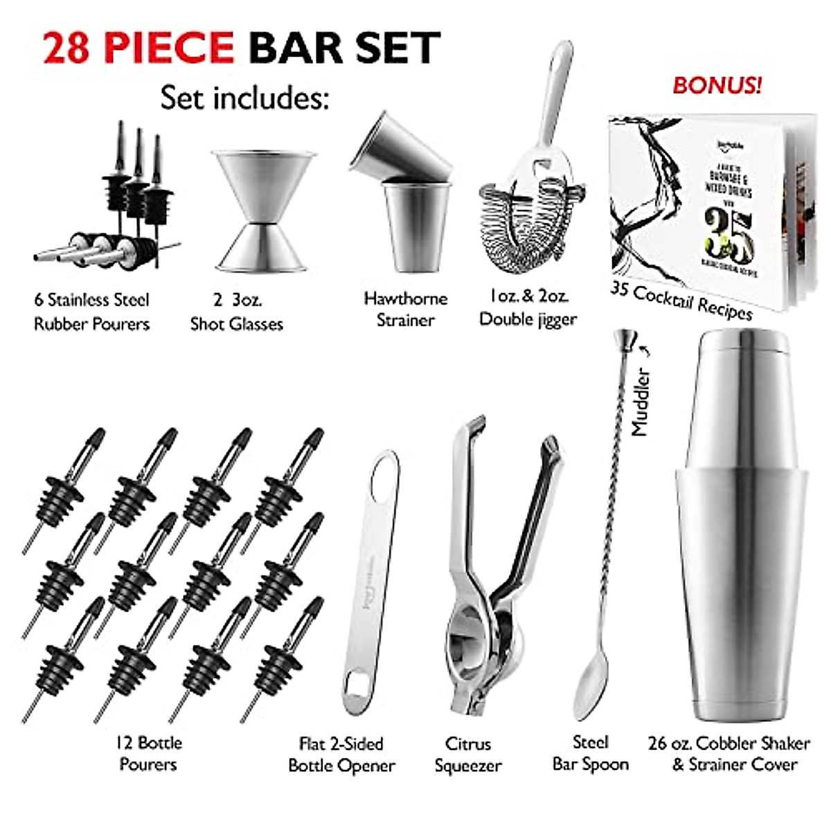 JoyTable Bar Set Cocktail Shaker Set, Stainless Steel Mixology Bartender Kit, 28PC Cocktail Kit, Silver Cocktail Set, Bar Tools: 30oz Martini Shaker, Muddler, Bar Kit Cocktail Book, Jigger and Pourers