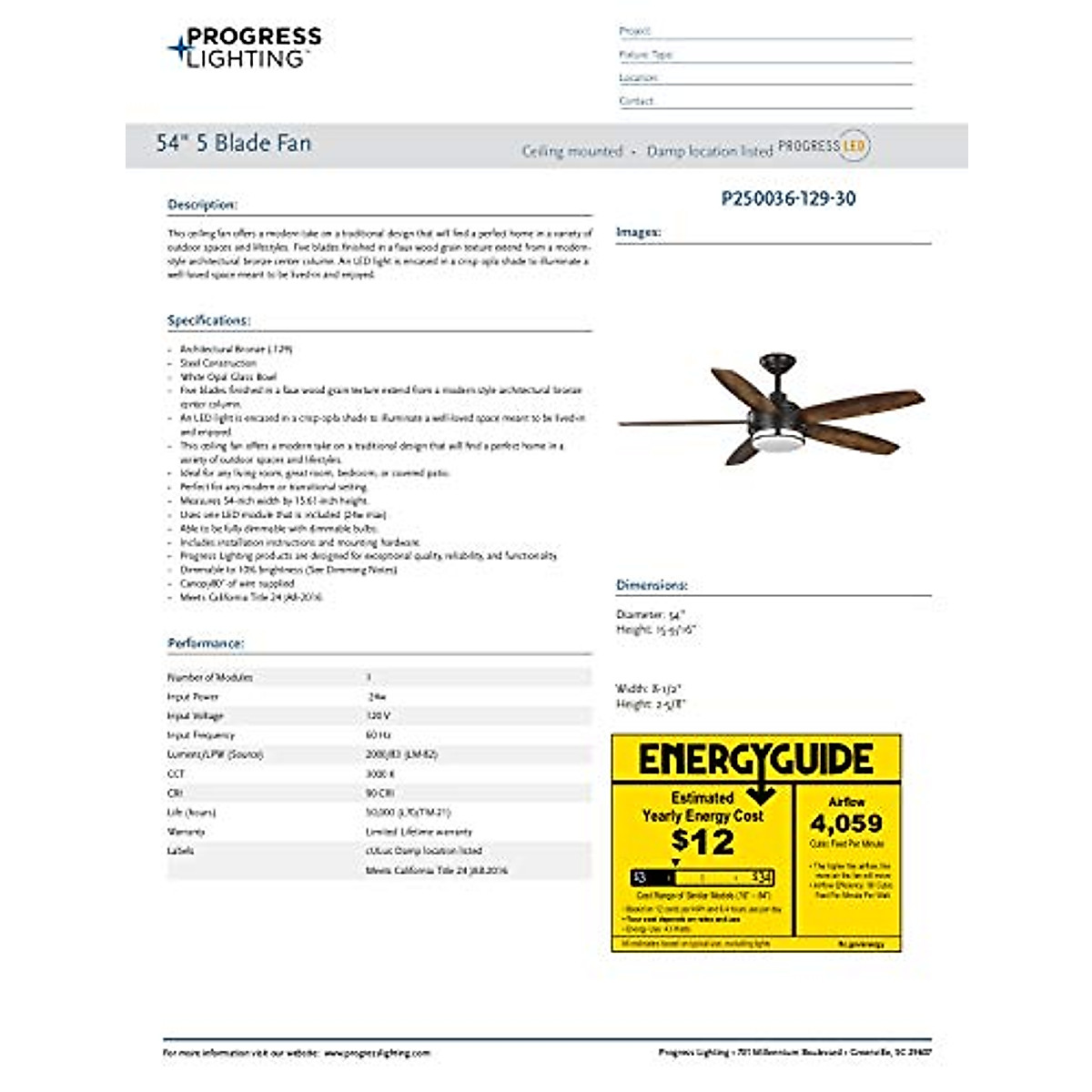 Progress Lighting Albin Collection 54" Indoor/Outdoor Five-Blade Bronze Ceiling Fan