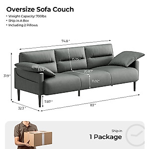 Fadware Faux Leather Sofa Couch, Modern 83 Inch 3 Seater Couches with Deep Seats and 2 Pillows for Living Room, Apartment, Office, Bedroom, Grey