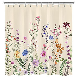 LB Farmhouse Floral Shower Curtain for Bathroom,Nature Colorful Wildflower and Green Botanical on Beige Fabric Shower Curtain with Hooks,Spring Country Theme Bathroom Curtains Shower Set, 72x78 inches
