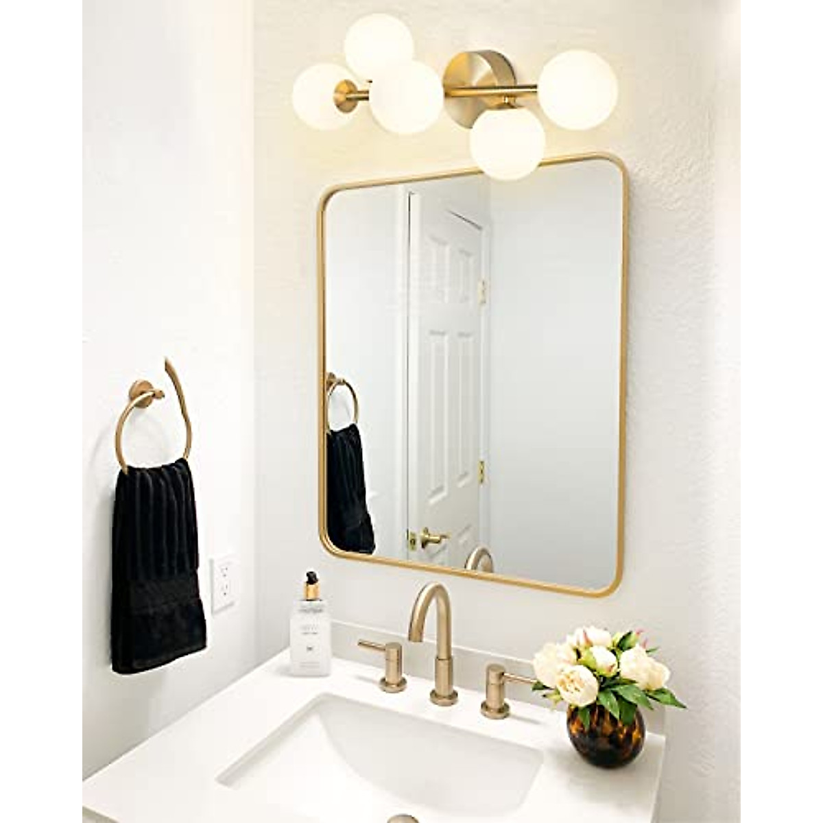 Bathroom Vanity Lights, 5-Light Bathroom Light Fixtures, Mid Century Modern Gold Bathroom Light Ceiling Light, Dimmable LED Wall Sconces Semi-Flush Mount Light Fixture with Milk Glass, Gold Brushed