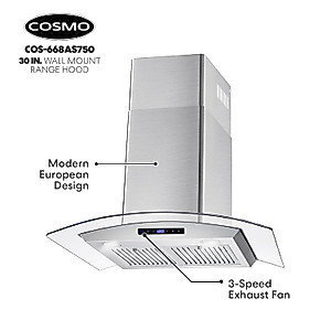COSMO COS-668AS750 30 in. Wall Mount Range Hood with 380 CFM, Curved Glass, Ducted Convertible Ductless (additional filters needed, not included), 3 Speeds, Permanent Filters in Stainless Steel