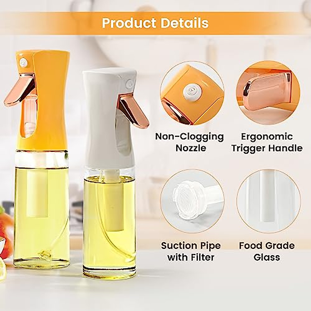 Oil Sprayer for Cooking, 220ml olive oil spray bottle, Oil mister spray for Air Fryer, Baking, Salad Dressings, Grilling (Glass Bottle, 220ml/7.4 oz) (Yellow)