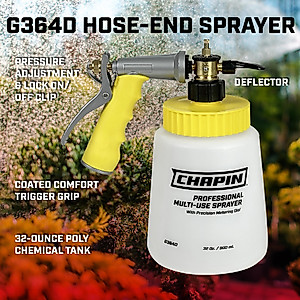 Chapin G364D Made in the USA 32 Ounce Professional Lawn and Garden Hose-End Sprayer With 16 Mixing Rations on the Metering Dial, Built-in Anti-Siphon, Translucent White