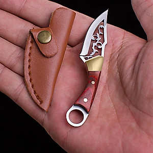 SZHOWORLD Ultra Small Fixed Blade Knife, 1.57 inch 5Cr15 Steel Laser Cutting Hollow Blade with Brass+Colored Wood Handle, Mini Knife/Box Cutter with Leather Sheath for EDC Use (Red brown)