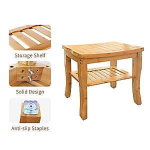 VaeFae Bamboo Shower Bench Bathroom Stool, Spa Bath Shower Stool with Storage Shelf, Wood Bench for Indoor Outdoor Use
