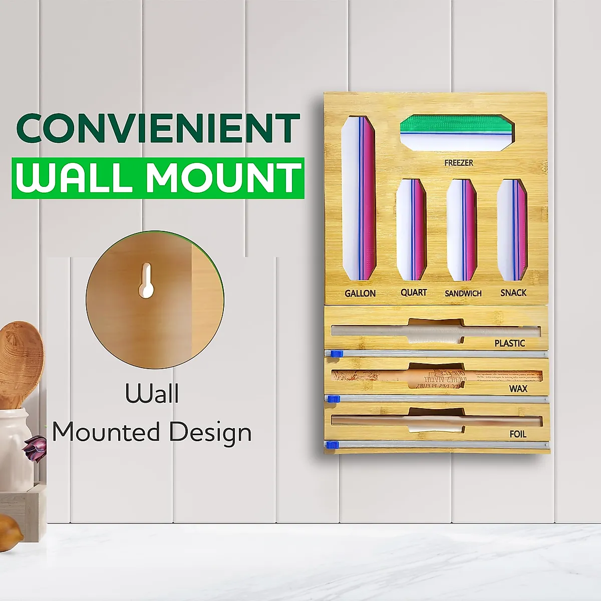 Bamboo Zip Lock Bag Kitchen Drawer Organizer - 9-in-1 Wrap Dispense with Cutter, Compatible with Gallon, Quart, Sandwich, and Snack Bags