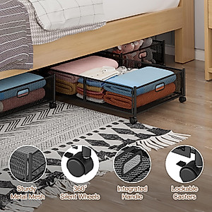Under Bed Storage with Wheels, Foldable Metal Mesh Underbed Storage Container Bins, Tool-free Assembly Clothes Drawer Organizer,2Pack