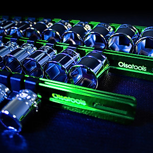 Olsa Tools Socket Organizer (1/4-Inch Drive, Green) - Socket Storage Rails for Mechanics - Socket Holder and Socket Rail - Holds 24 Chrome or Impact Sockets - Professional-Grade - Part: 1103