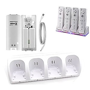 YZGame Wii Controller Charger Remote Charger for Wii , 4-in-1 Wii Remote Charging Station Replacement Wii Charging Dock with 4 Rechargeable Batteries White Wii Remotes with Charger,NF14-W2