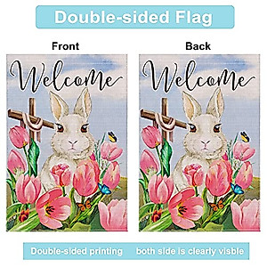 Hexagram Easter Garden Flag, Bunny Easter Flag 12x18, Spring Tulip Flowers Decorations for Outside Outdoor Yard, Farmhouse Easter Bunny Small Flag, Decorative Burlap Welcome Sign Banner Outdoor Decor