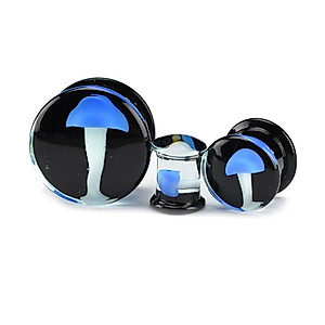 Mystic Metals Body Jewelry Glass Plugs with Blue Mushroom - Sold as a Pair (5/8" (16mm))