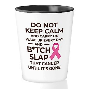 Flairy Land Cancer Shot Glass 1.5oz - Btch Slap That Cancer - Sympathy Gift For Breast Cancer Strong Woman Support Chemotherapy