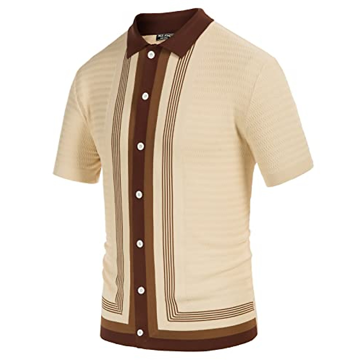 Mens Short Sleeve Vintage Stripe Knit Polo Shirts 60s Retro Sweater Polo Beige M