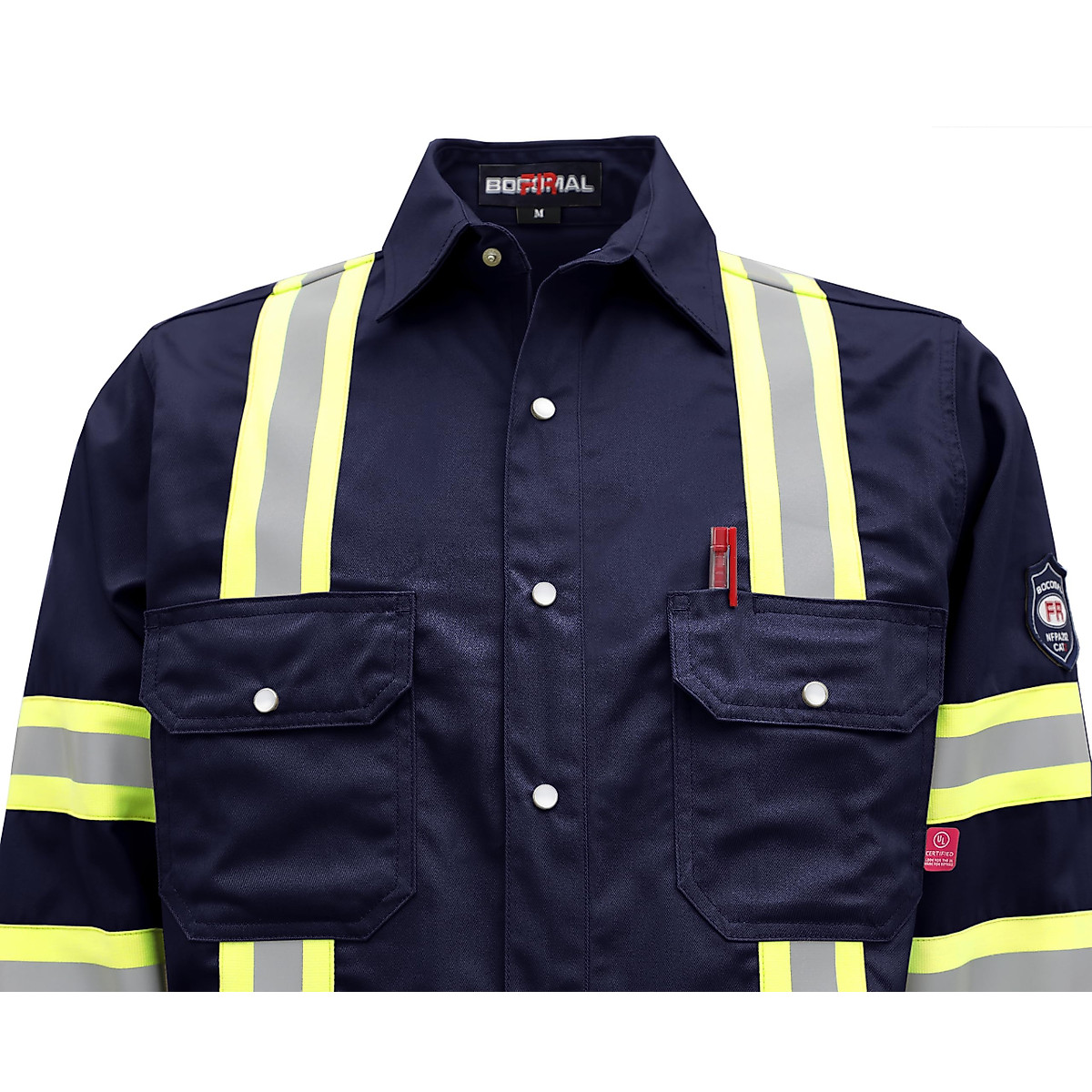BOCOMAL FR Shirts Hi Vis/High Visibility Flame Resistant/Fire Retardant Shirt 7.5oz Navy FR Shirts for Men