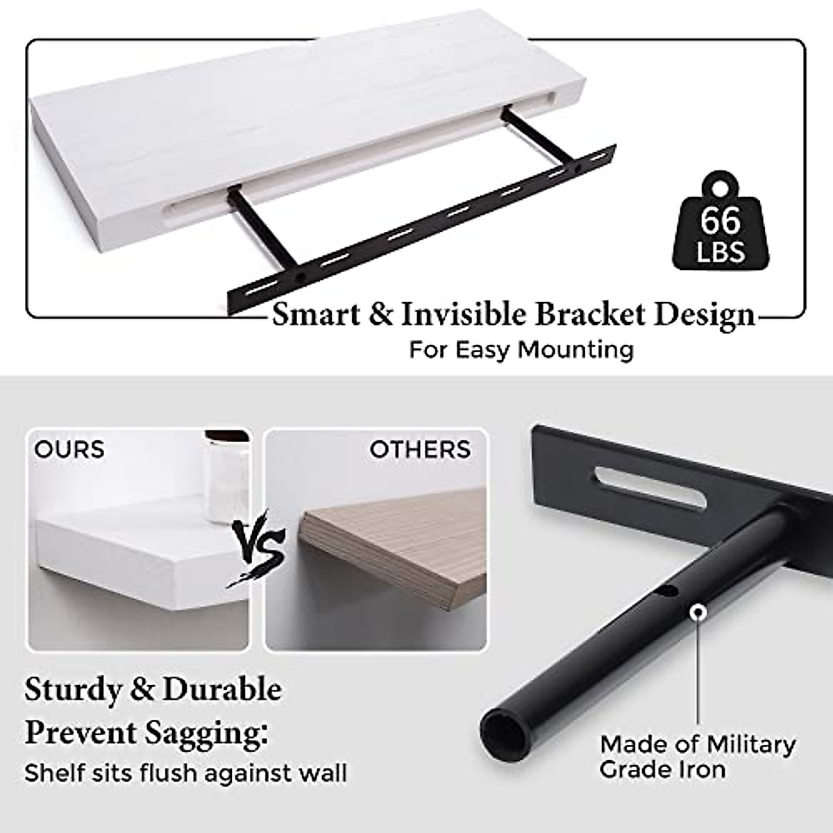 Axeman Floating Shelves, 2 Pack 8 Inch Deep Modern Solid Wood Wall Shelves for Storage, Wall Mounted Display Shelving with Invisible Heavy-Duty Metal Bracket, 24" W x 8" D x 1.6" H, Snow White