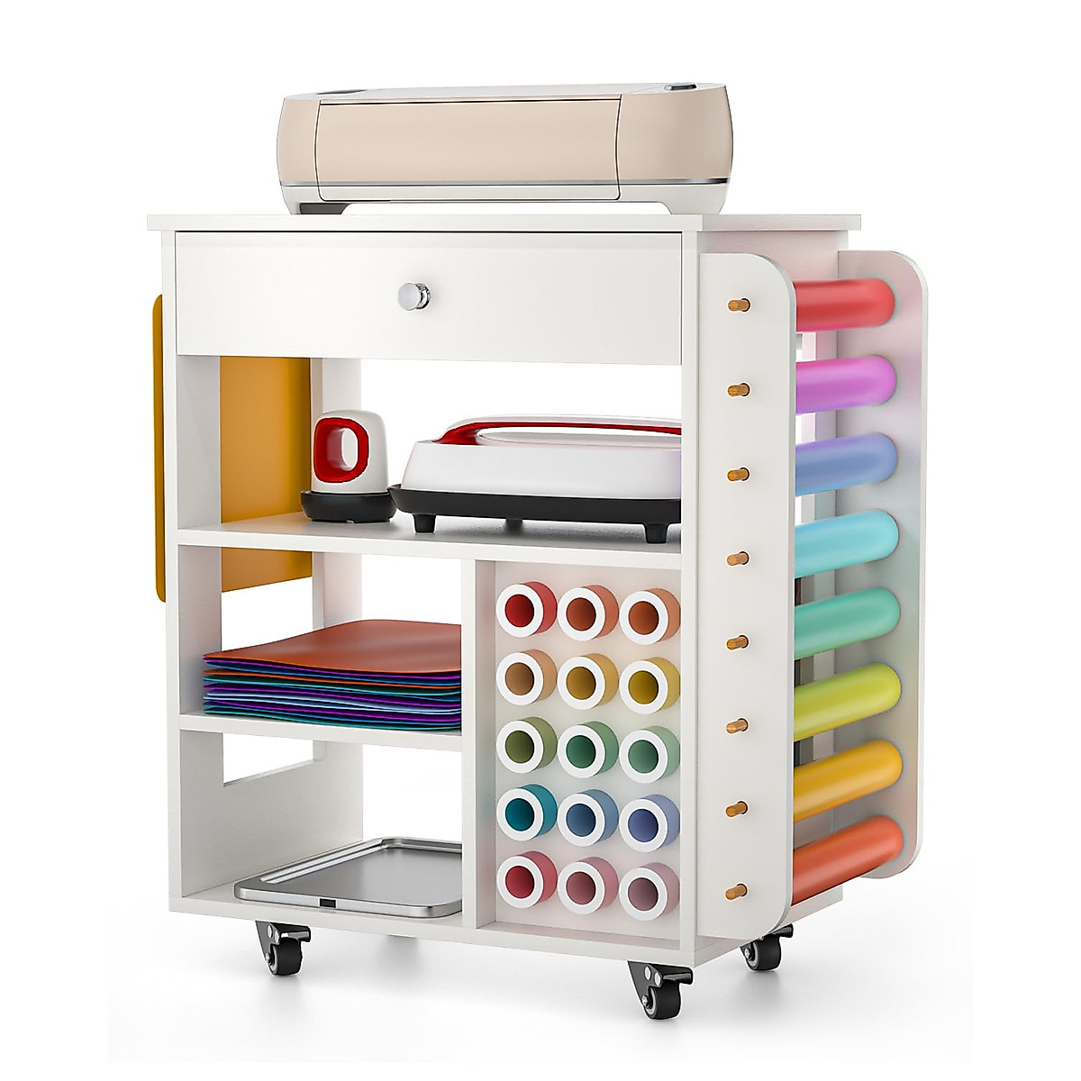 Rolling Craft Cart and Storage Table for Cricut - VDamu Vinyl Roll Holder and Craft Room Organizer