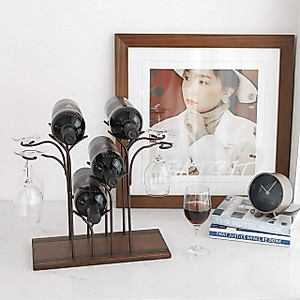 YCOCO Wine Racks Countertop,Tabletop Wood Wine Holder,Freestanding Wine Bottle Holder,Hold 4 Bottles and 4 Glasses,Perfect for Kitchen Home Bar Storage and Cabinet Decor,Bronze