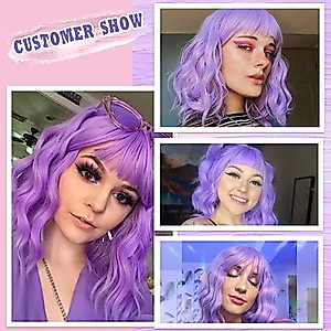 HAIRUP Lavender Wig with Bangs for Women, Short Wavy Curly Bob Wig Light Purple Wigs 14 Inch Shoulder Length Colored Pastel Purple Wig Daily Party Cosplay Wigs