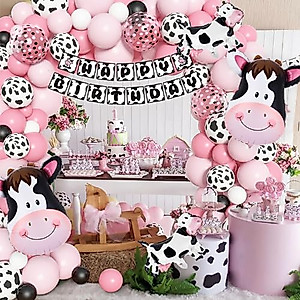 Amandir 117PCS Cow Party Decorations Pink Cow Balloon Garland Arch Kit with Cow Print Balloons Happy Birthday Banner Cake Topper for Girl Baby Shower Farm Animals Cow Themed Birthday Party Supplies