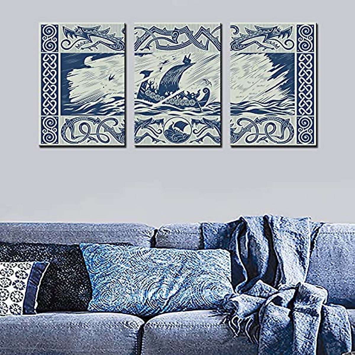 Tucocoo 3 Pieces Vikings Decor Canvas Wall Art Vikings Ship Drakkar with a Dragons Head Isolated on White for Bedroom and Living Room Art Work for Home Walls Ready to Hang 42X20Inch