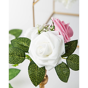 DuHouse 25Pcs Artificial Roses Flowers Fake Roses with Stems Real Touch Foam Flowers for DIY Wedding Bouquet Baby Shower Centerpiece Floral Arrangement Party Home Decor(White)