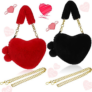 Saintrygo 2 Pcs Valentines Day Furry Purse Heart Shaped Purse Women Soft Fluffy Faux Fur Handbag Gift for Christmas(Red, Black)