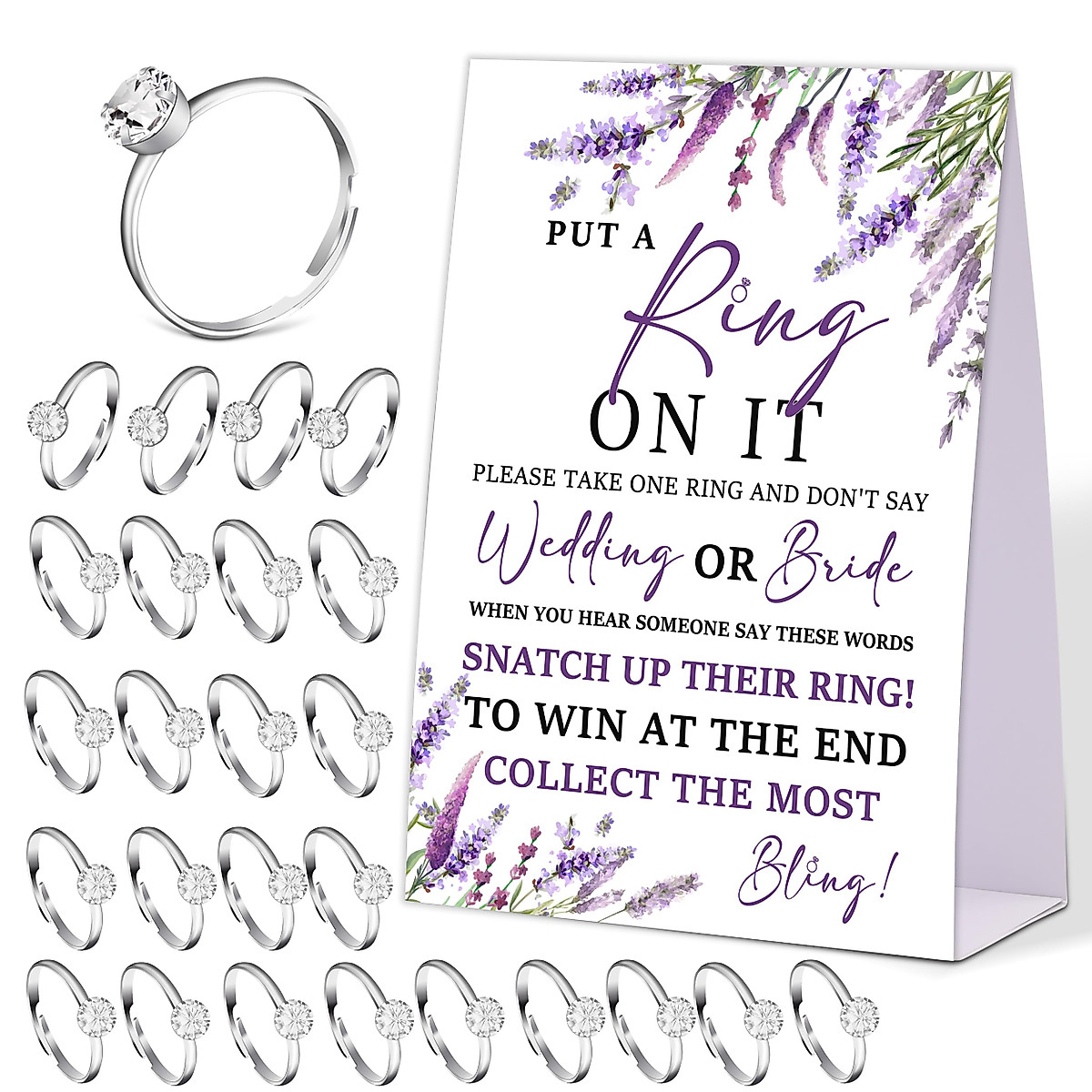 Lavender Purple Don't say Bride or Wedding Game, Put a Ring on It Bridal Shower Game with 50 Fake Rings, Bridal Shower Decorations, Wedding Shower or Bachelorette Party Supplies - 13