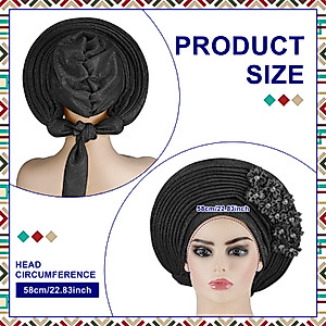 Cuffbow 2 Pcs Gele African Head Wraps Nigerian Auto Gele Headties with Stones Turbans Hats for Black Women Wedding Party (Black, White)