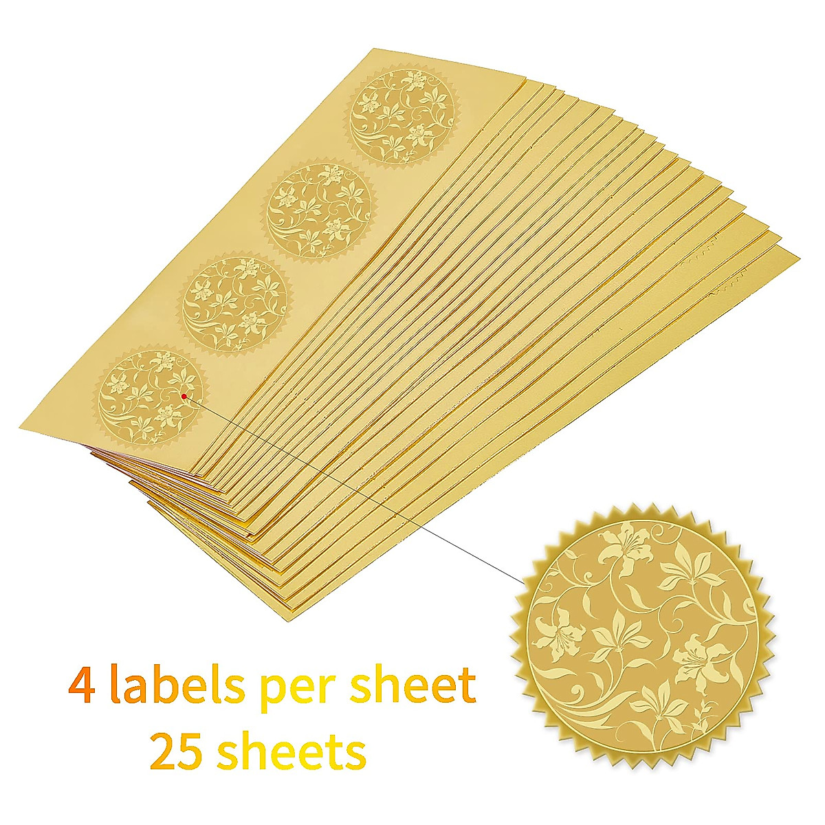 CRASPIRE Gold Foil Certificate Seals Flower Pattern 2" Round Self Adhesive Embossed Stickers 100pcs for Invitations Certification Graduation Notary Seals Corporate Seals Monogram Emboss